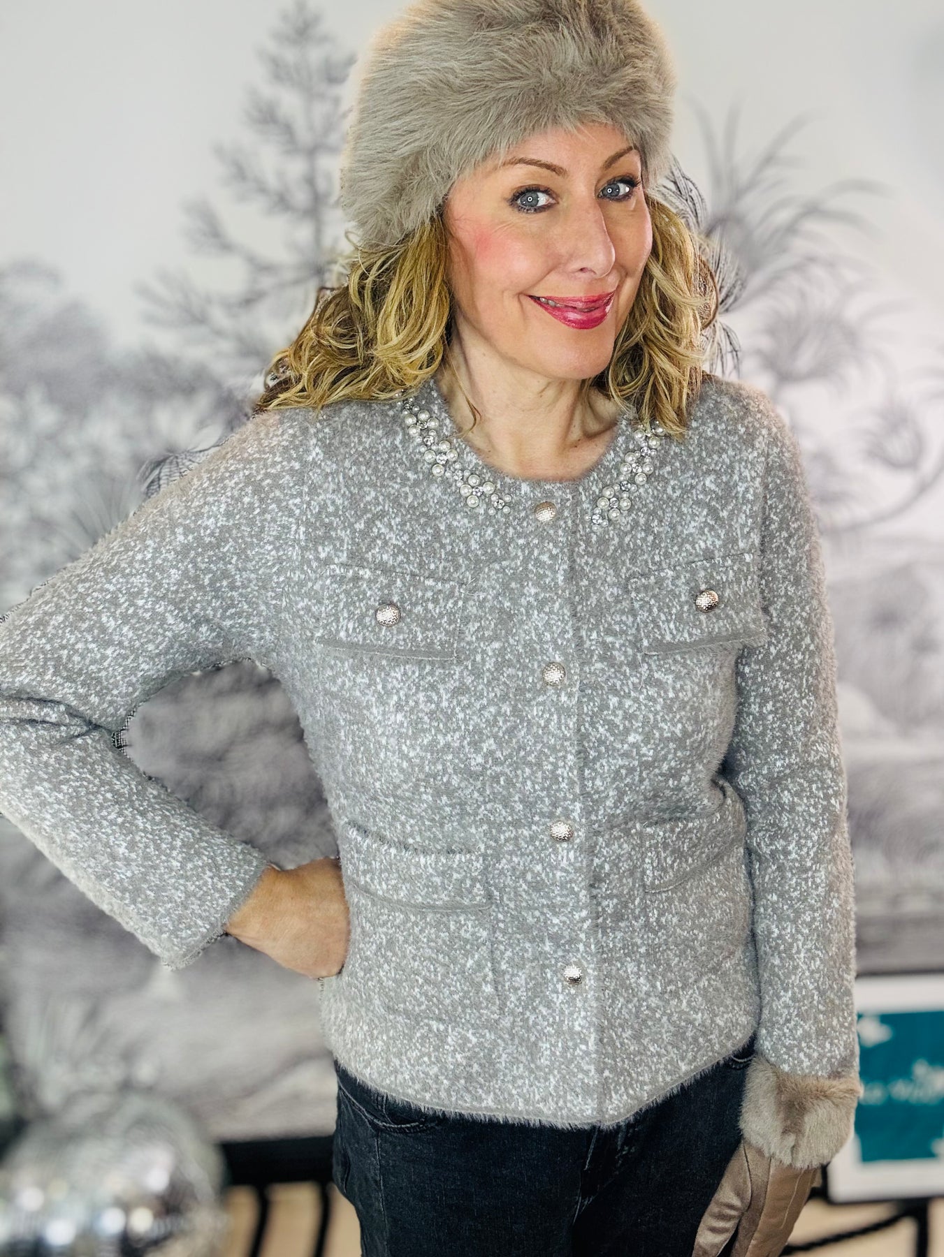 Clarence Diamante Neck Cardigan in Mink – La Vida Boutique